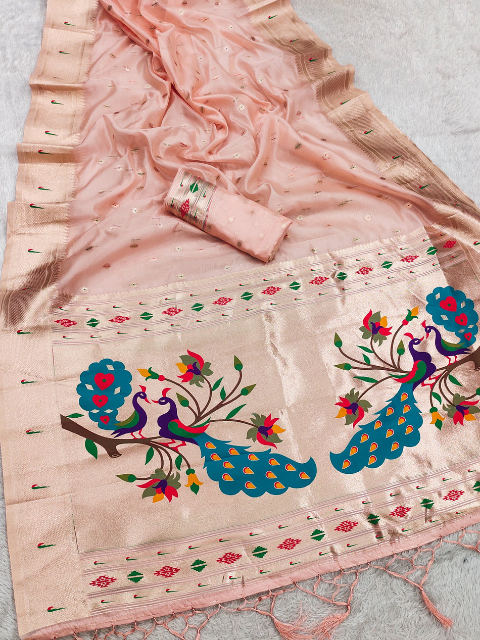Elegant Peach Paithani Silk Saree with Peacock Pallu & Traditional Zar ...