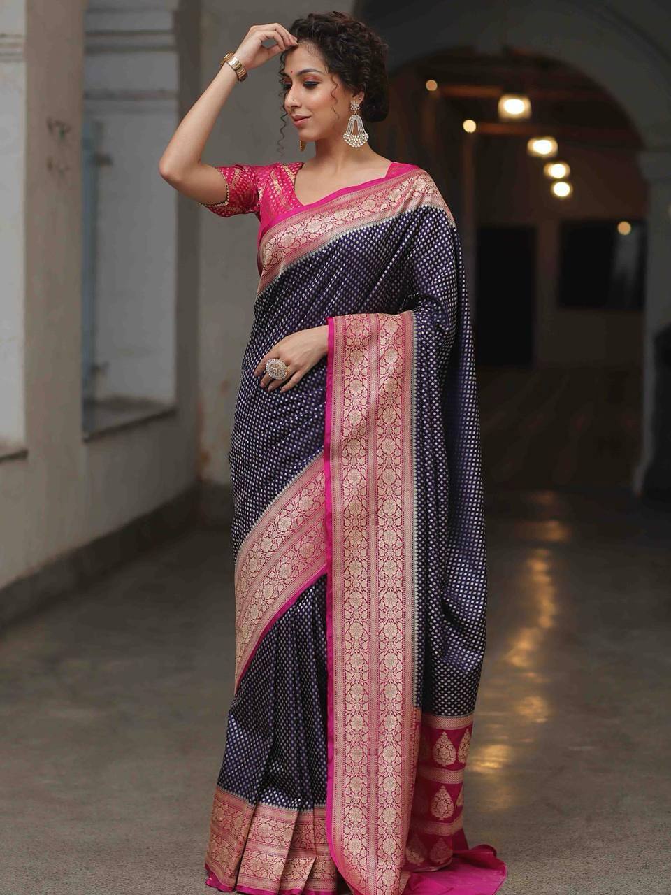 Navy Blue Silk Saree with Rani Pink Floral Zari Border – Pattuvaa